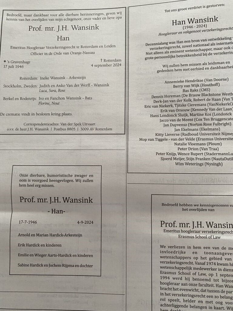 Nieuws: Prof. Mr. Han Wansink overleden